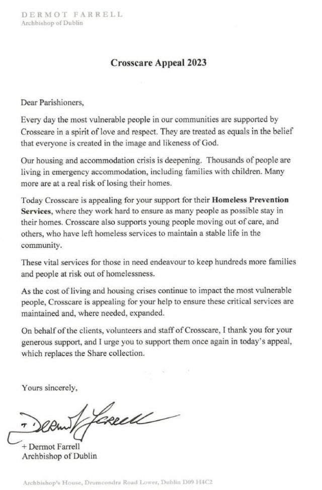 Letter from Archbishop Dermot Farrell regarding the Annual Crosscare ...